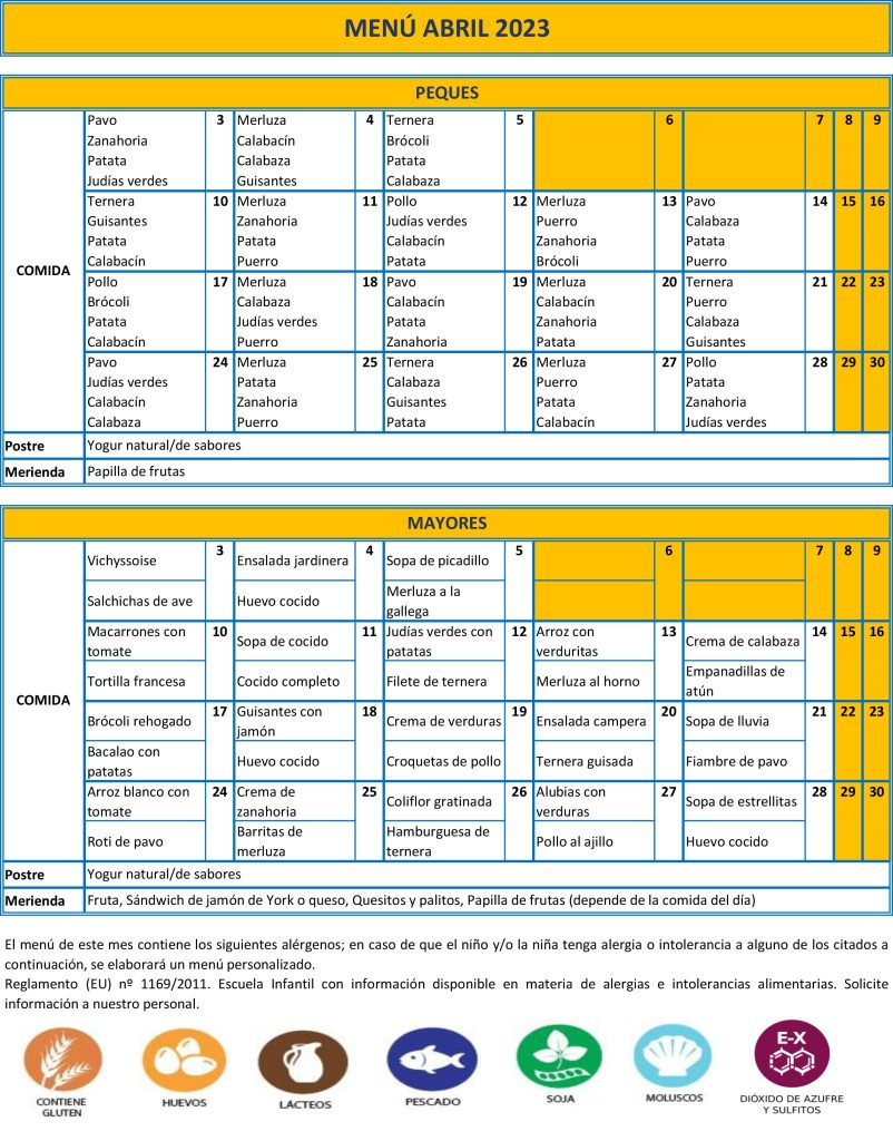 NUESTRO MENÚ - ESCUELA INFANTIL COLORINES